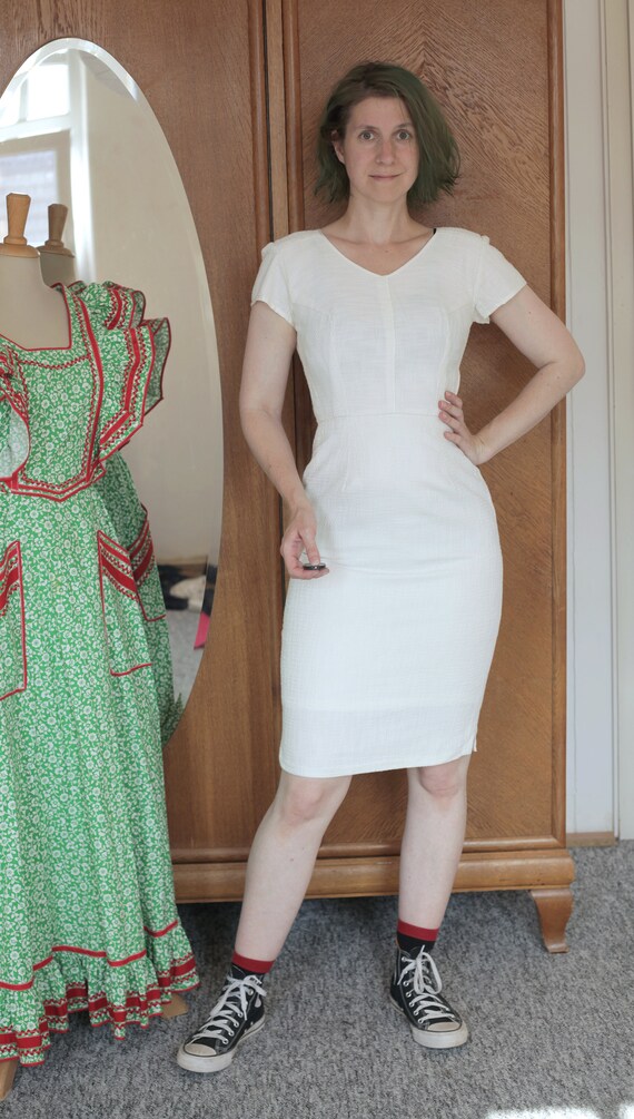 Off-White 1960s Mini Wiggle Dress with Short Sleeves,… - Gem