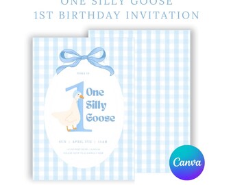 One Silly Goose Birthday Invitation Template, 1st Birthday Girl, Blue ...