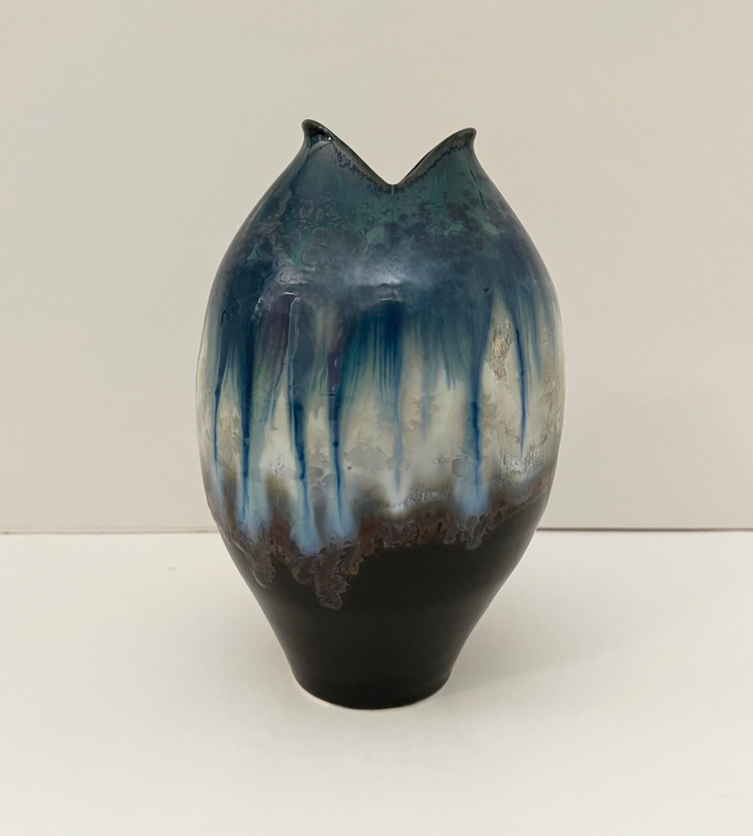Bill Campbell Pottery Fish Vase Crystalline Drip Glaze Blue & Brown ...