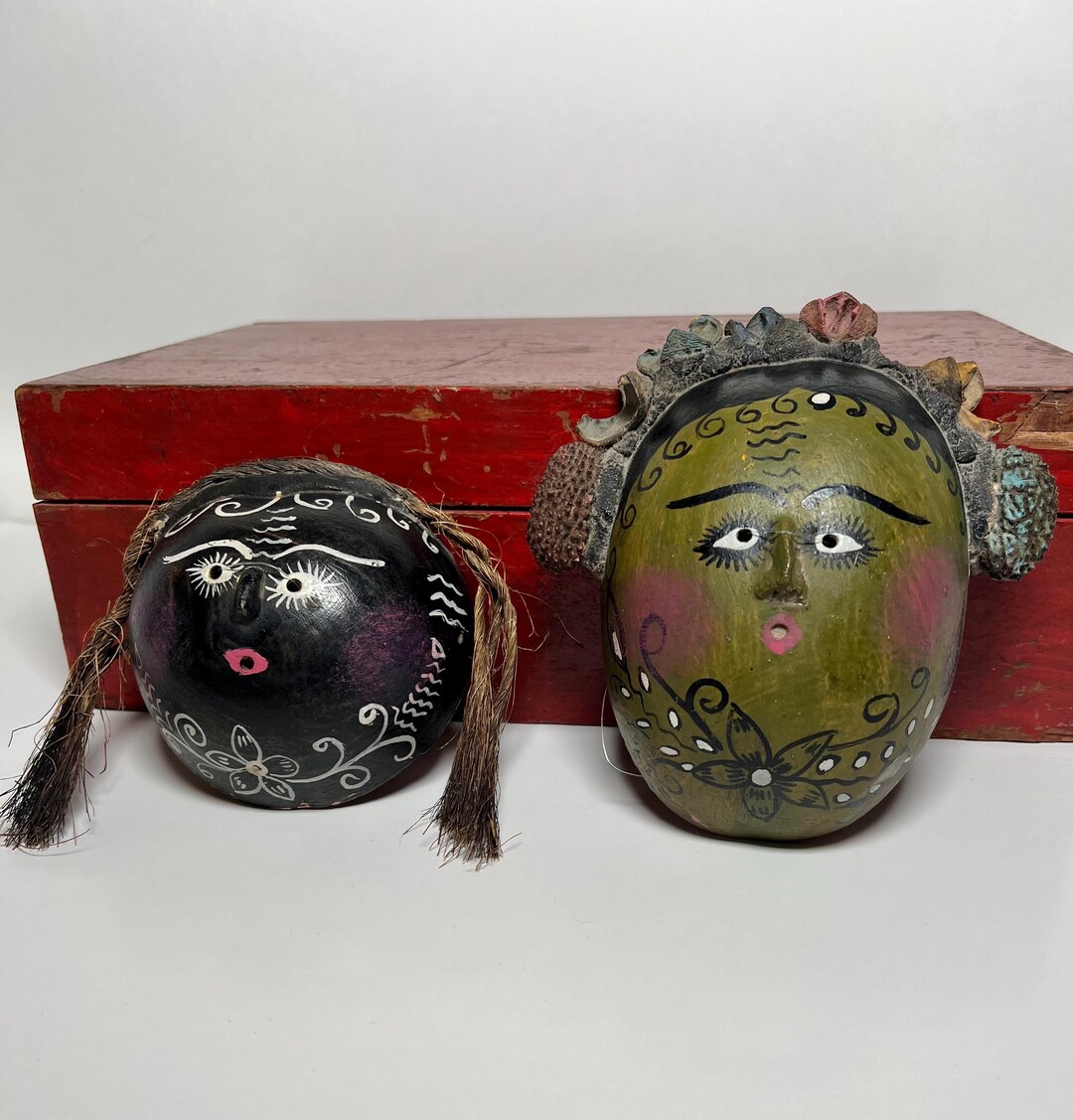 2 Vintage Coconut Shell Masks Wall Hangings Colorful Folk Art Hand ...