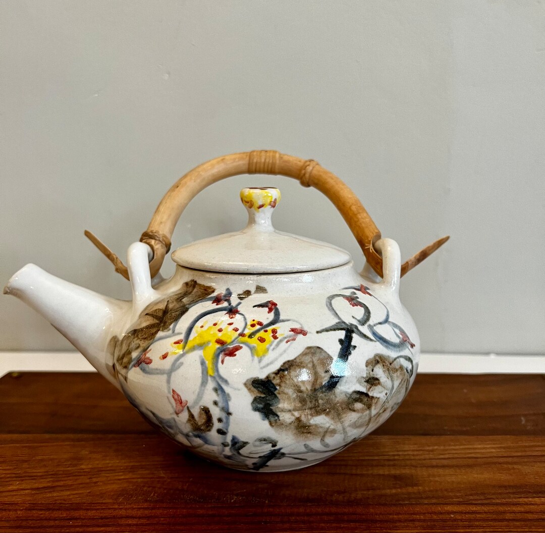 Studio Pottery Teapot Birds Nesting Hand Painted Bamboo Handle Nature ...