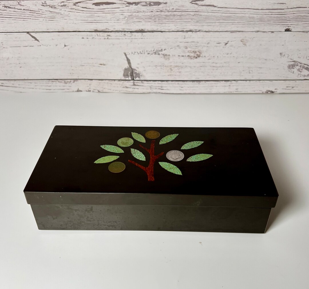 Couroc Money Tree Box With Lid Inlaid Coin Tree Jewelry Box Trinket Box ...