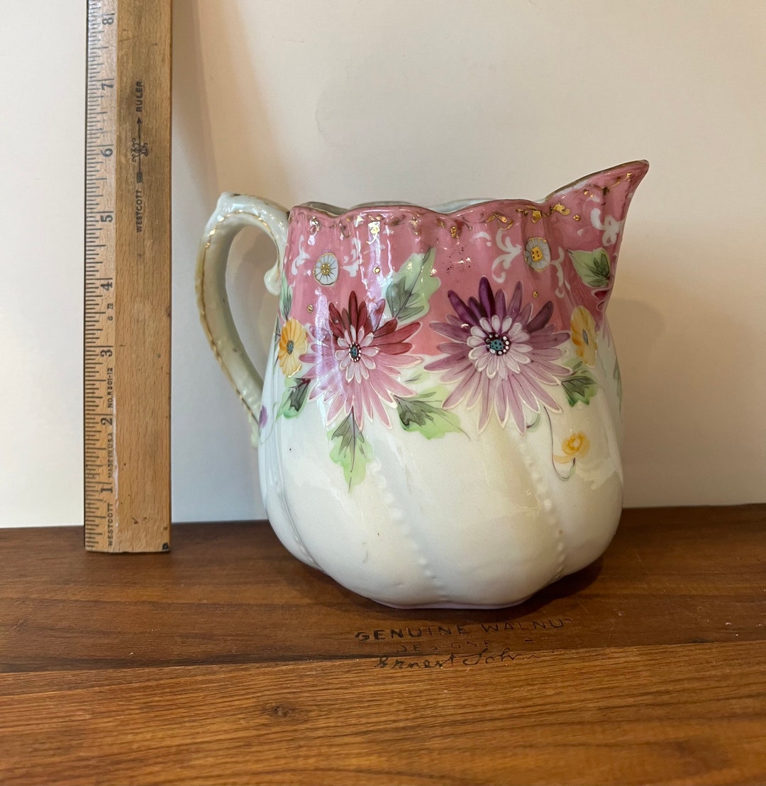 Pink Floral Pitcher Moriage Flowers Japan Gold Trim Vintage Milk ...