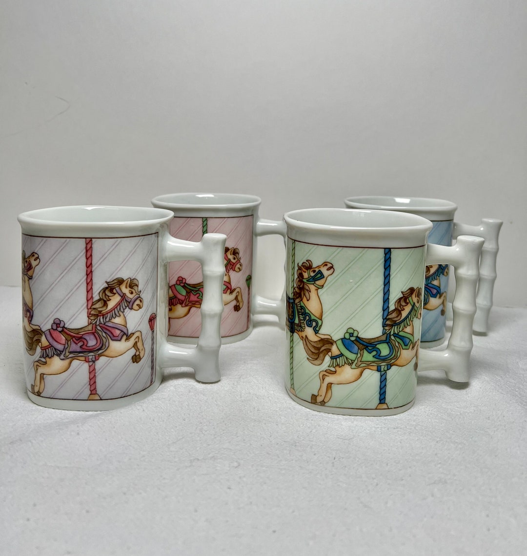 4 Takahashi Carousel Coffee Mugs Japan Vintage Mid Century Boho Cottage ...