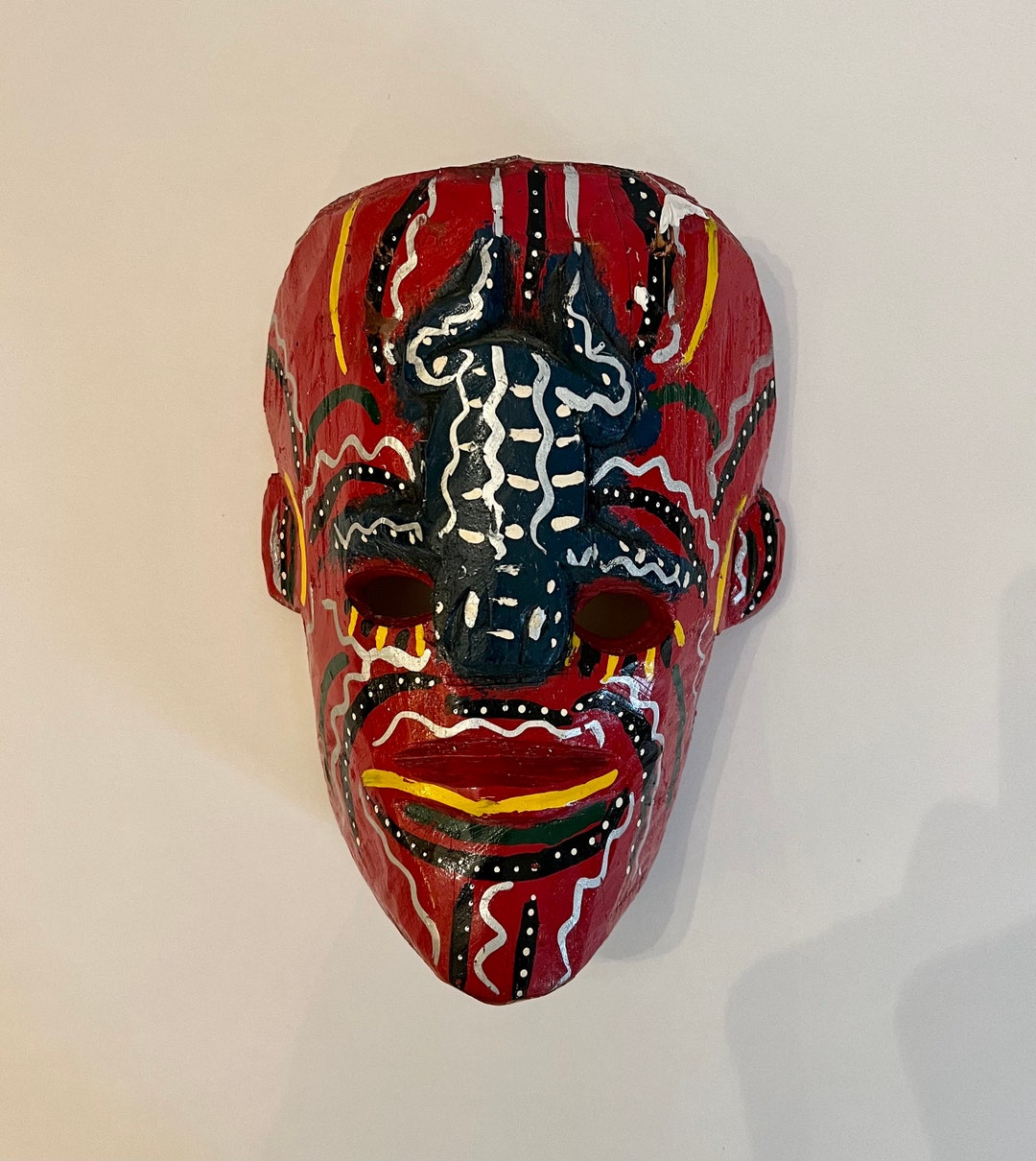 Vintage Mexican Mask Guerrero Mask Carved Wood Folk Art Wall Hanging or ...