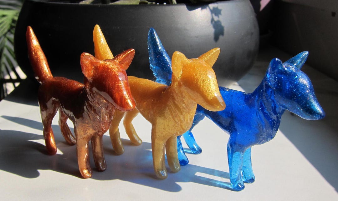 Resin Wolf Figurine - Clear Blue Metallic Gold Bronze Handmade Art Toy ...