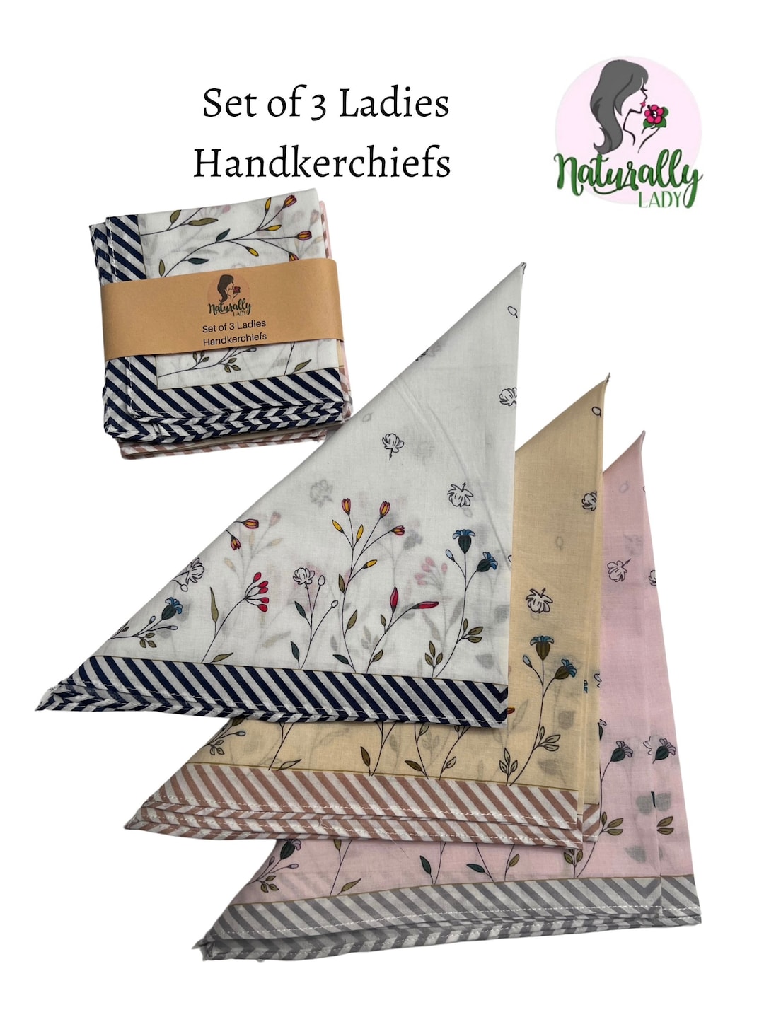 Set of 3 Beautiful Ladies Handkerchiefs Cotton Cloth Reusable Washable ...