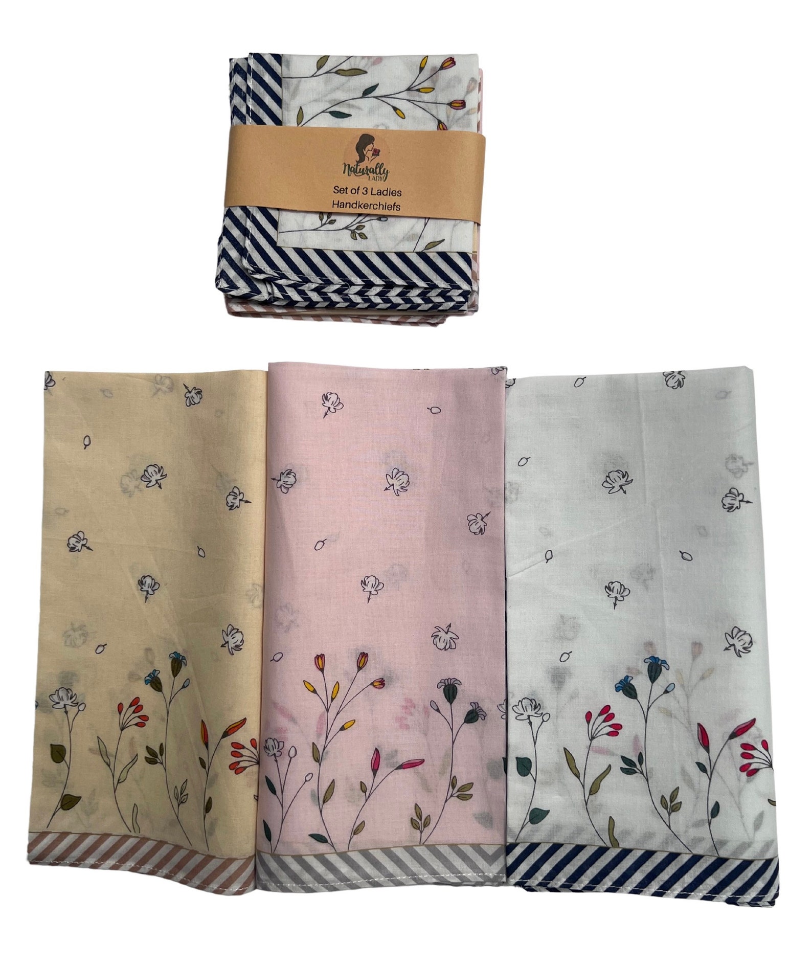 Set of 3 Beautiful Ladies Handkerchiefs Cotton Cloth Reusable Washable ...