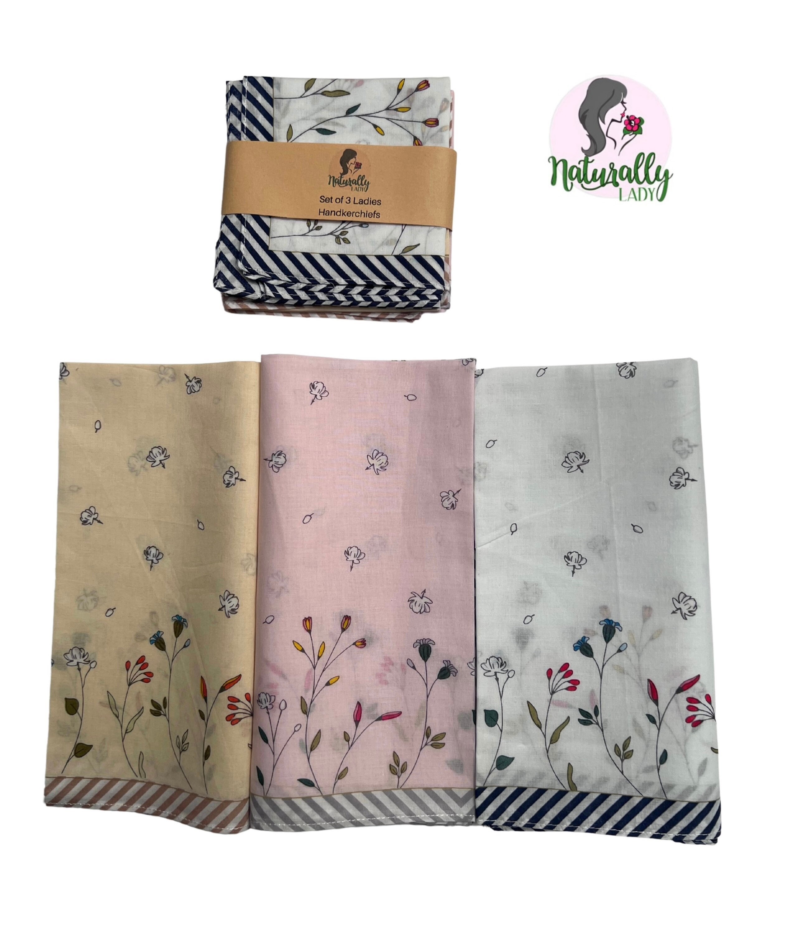 Set of 3 Beautiful Ladies Handkerchiefs Cotton Cloth Reusable Washable ...