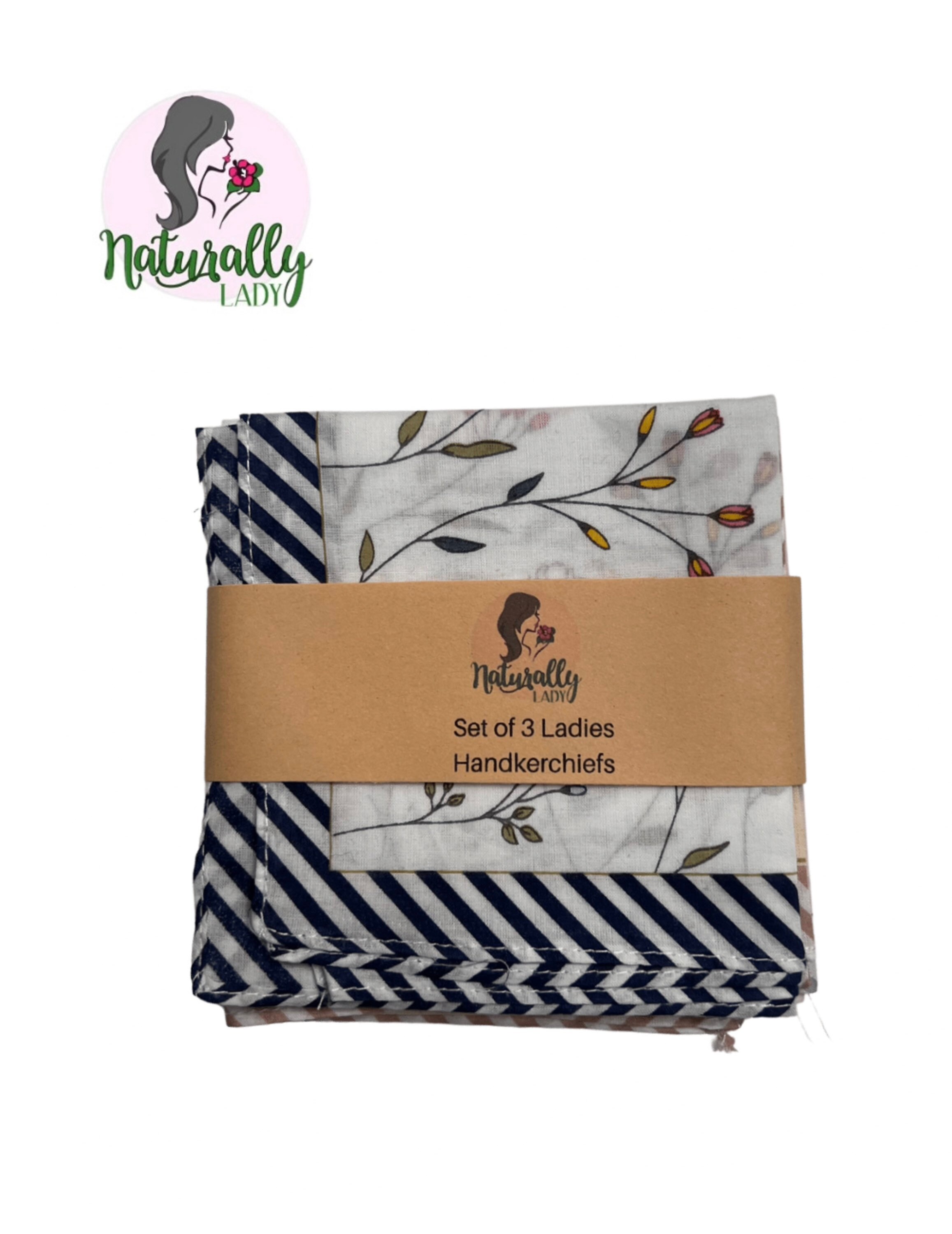 Set of 3 Beautiful Ladies Handkerchiefs Cotton Cloth Reusable Washable ...
