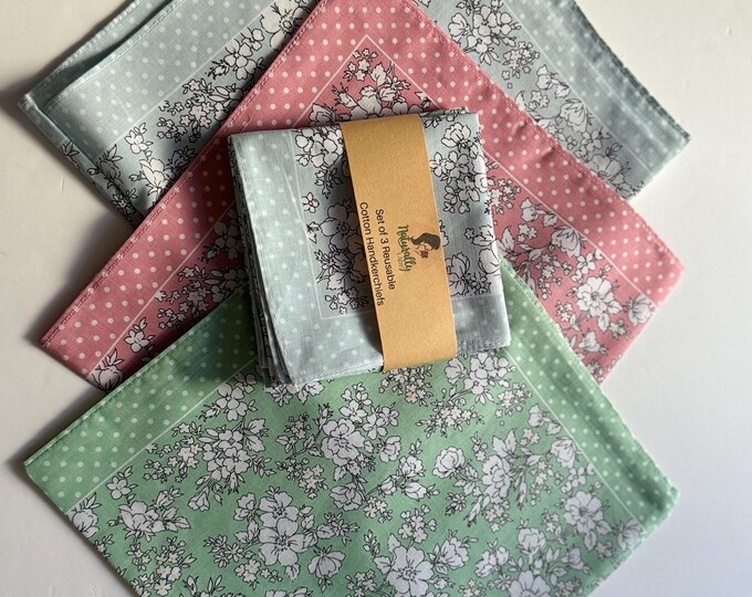 Set of 3 Beautiful Floral Ladies Handkerchiefs Cotton Cloth Reusable ...