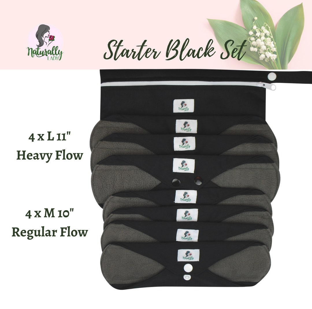9 Pcs Starter Set Regular to Heavy Flow - Black Reusable Cloth Sanitary ...