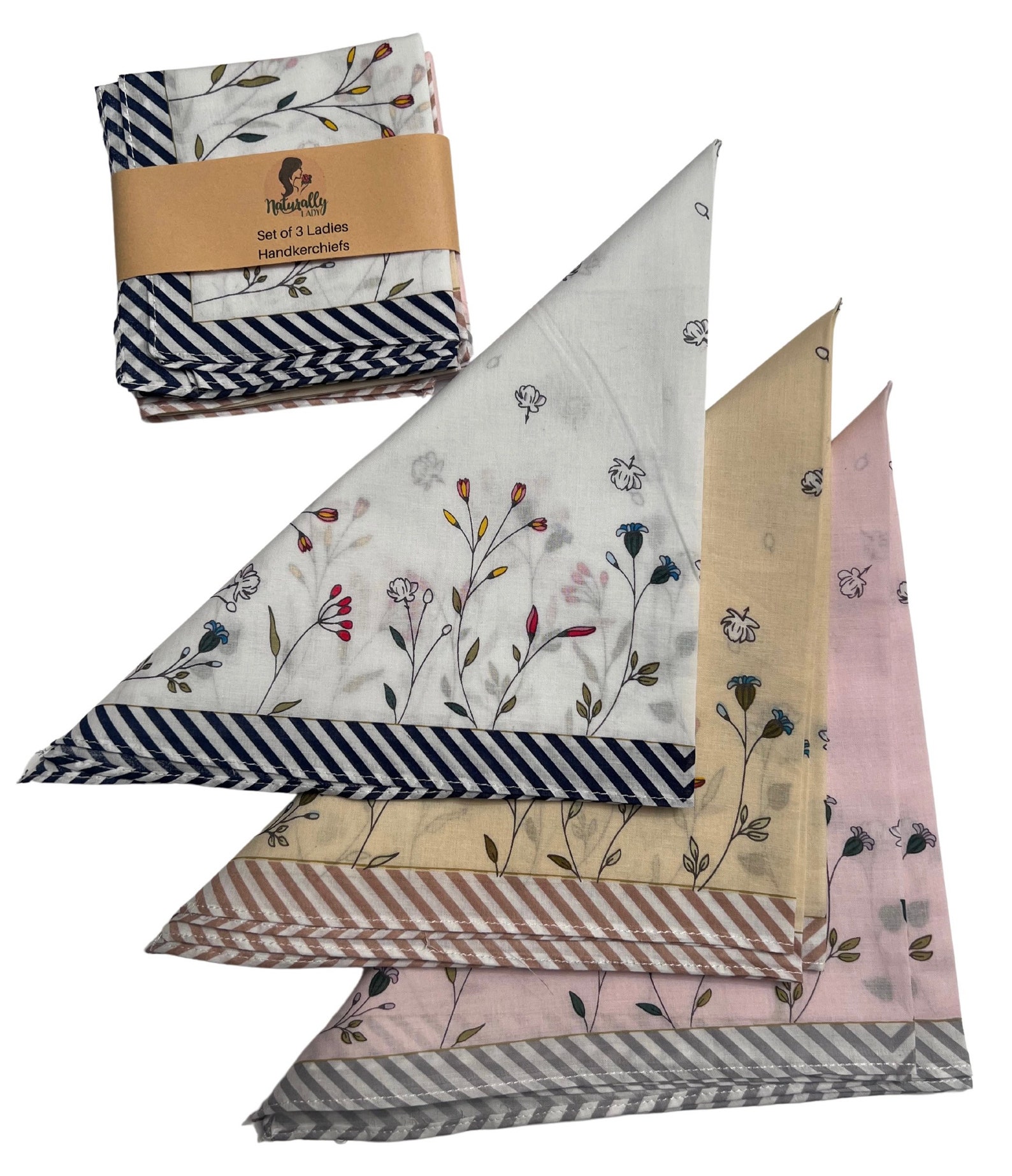 Set of 3 Beautiful Ladies Handkerchiefs Cotton Cloth Reusable Washable ...