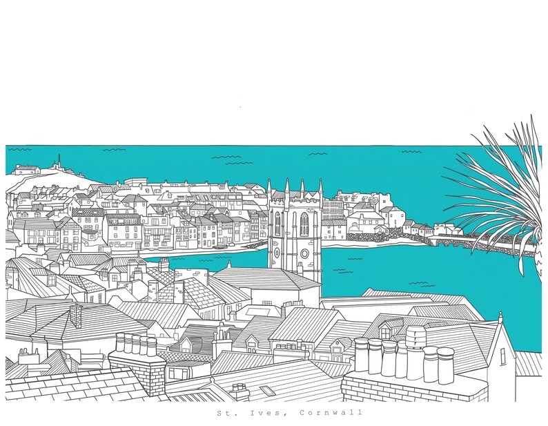 Buy St Ives, Cornwall Kernow Cornish Beach A4 A3 Print Illustration ...