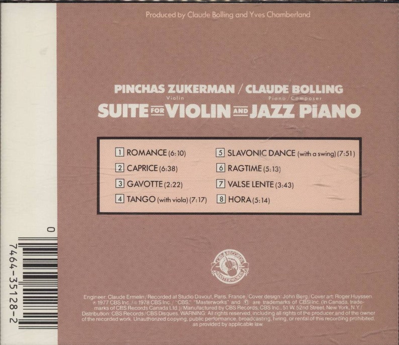 CD Pinchas Zukerman, Claude Bolling – Suite for Violin and Jazz Piano ...