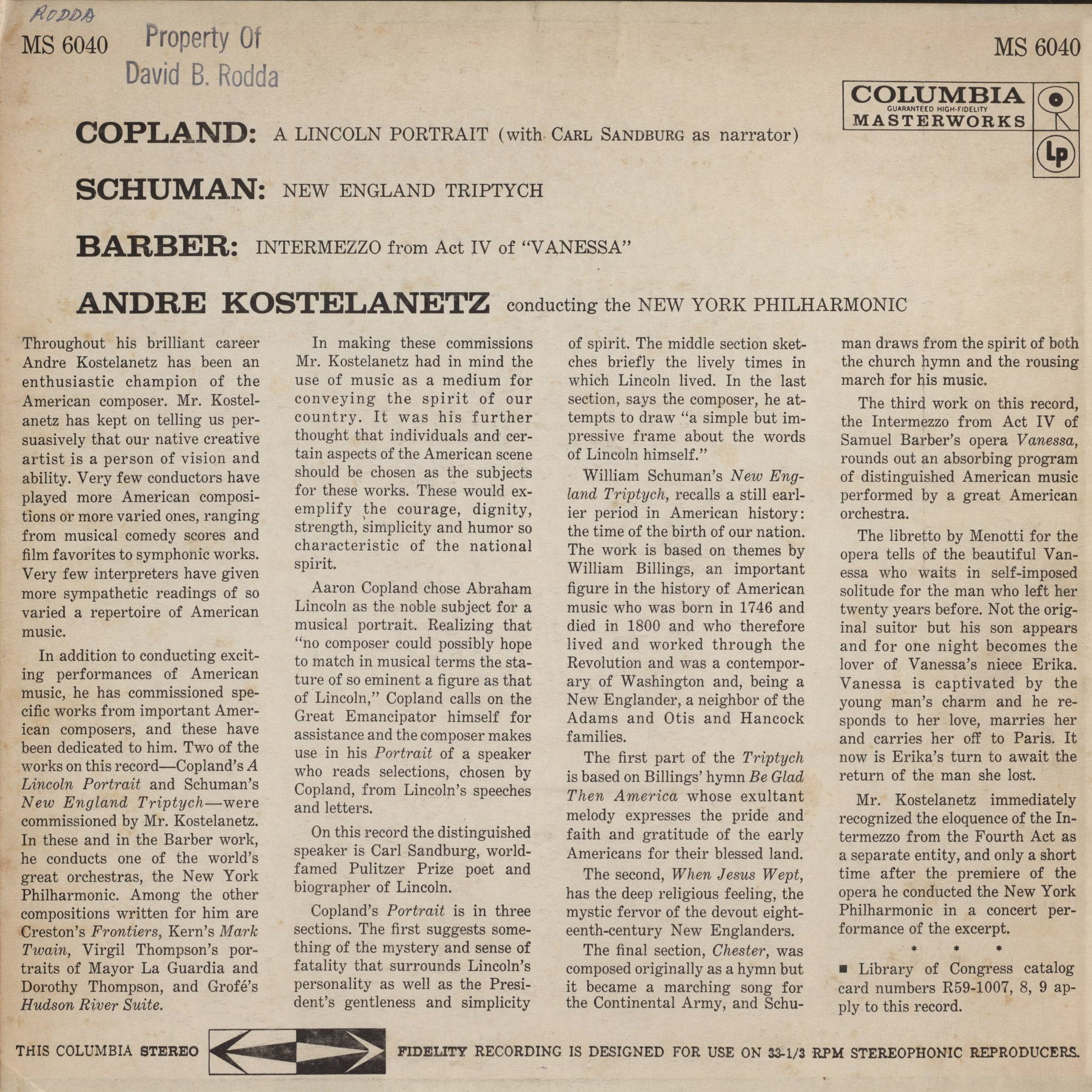 Copland Lincoln Portrait Carl Sandburg Kostelanetz Columbia - Etsy