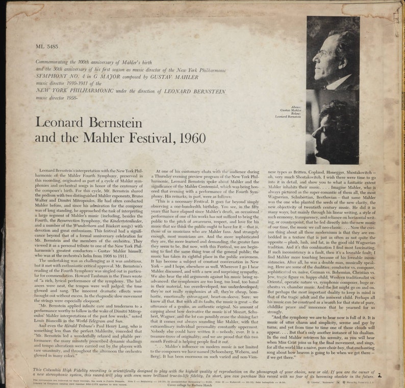 Mahler Symphony No. 4, Leonard Bernstein, BY Philharmonic, Columbia Masterworks ML5485 Mono ...