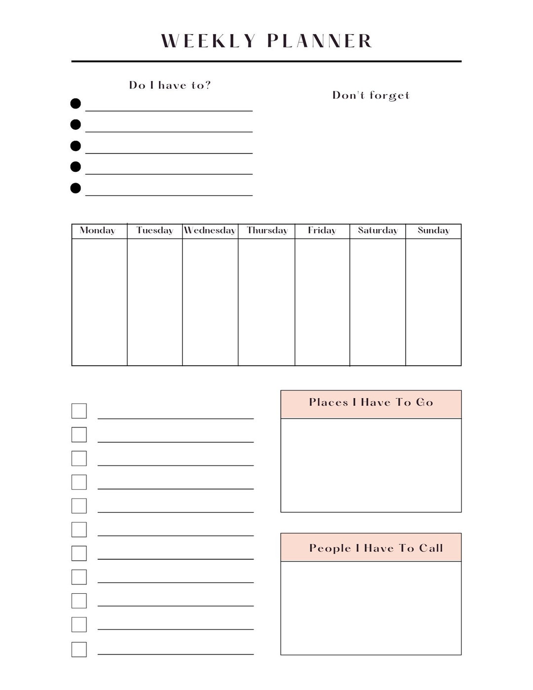 Simple Weekly Planner to Do List Printable Digital Download - Etsy
