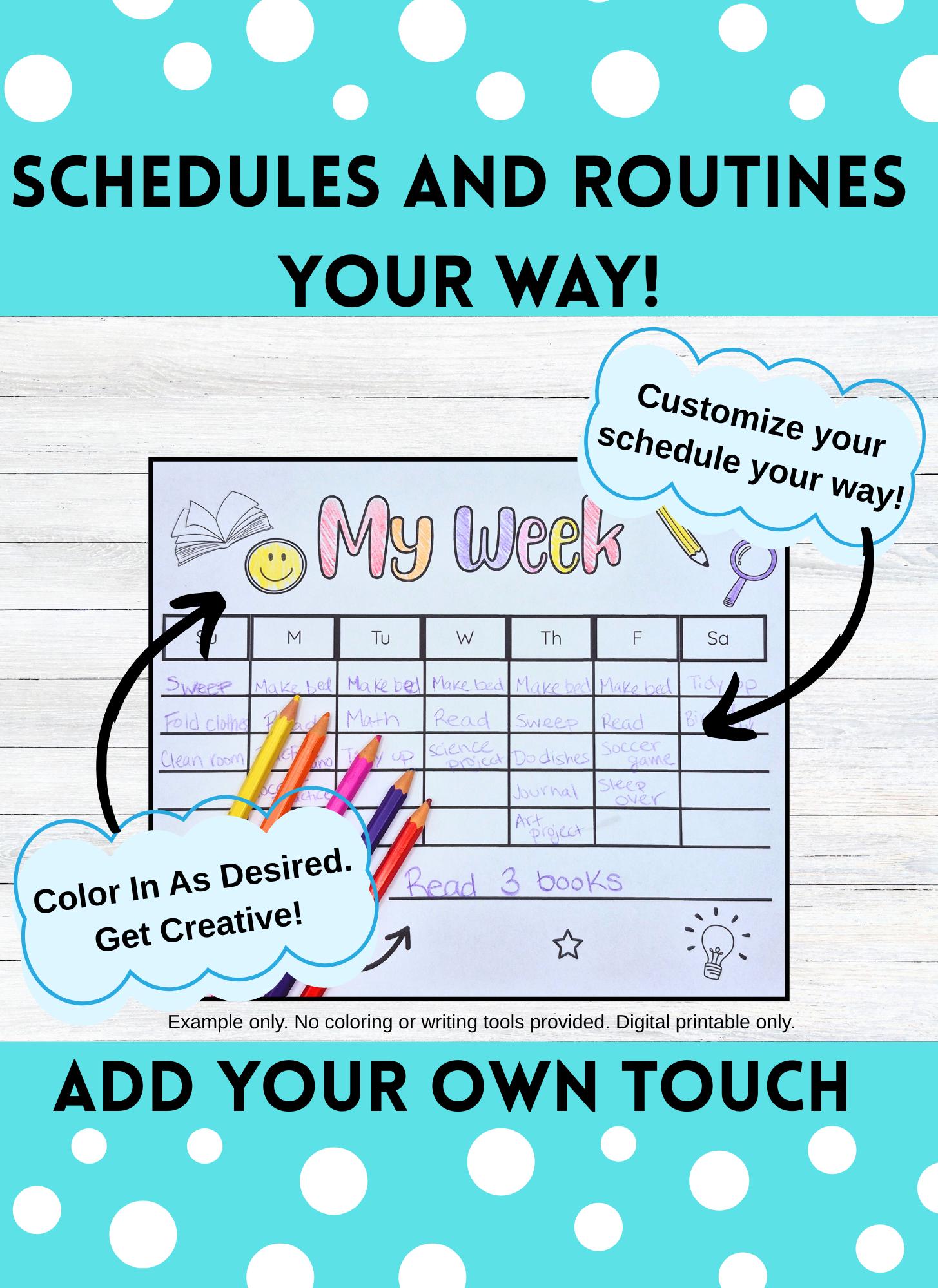 Weekly Kids Schedule Calendar | Blank Task Chore Chart Template ...