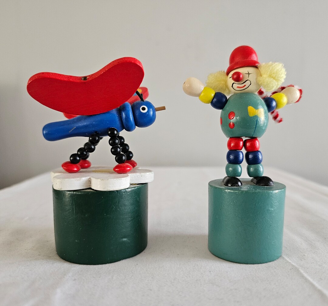 Lot of Two (2) Vintage Collapsing Wooden Push Toy - Clown and Butterfly ...