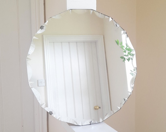 30's Art Deco Round Mirror - Bevel Scallop Edge - Vintage Circular Wall ...