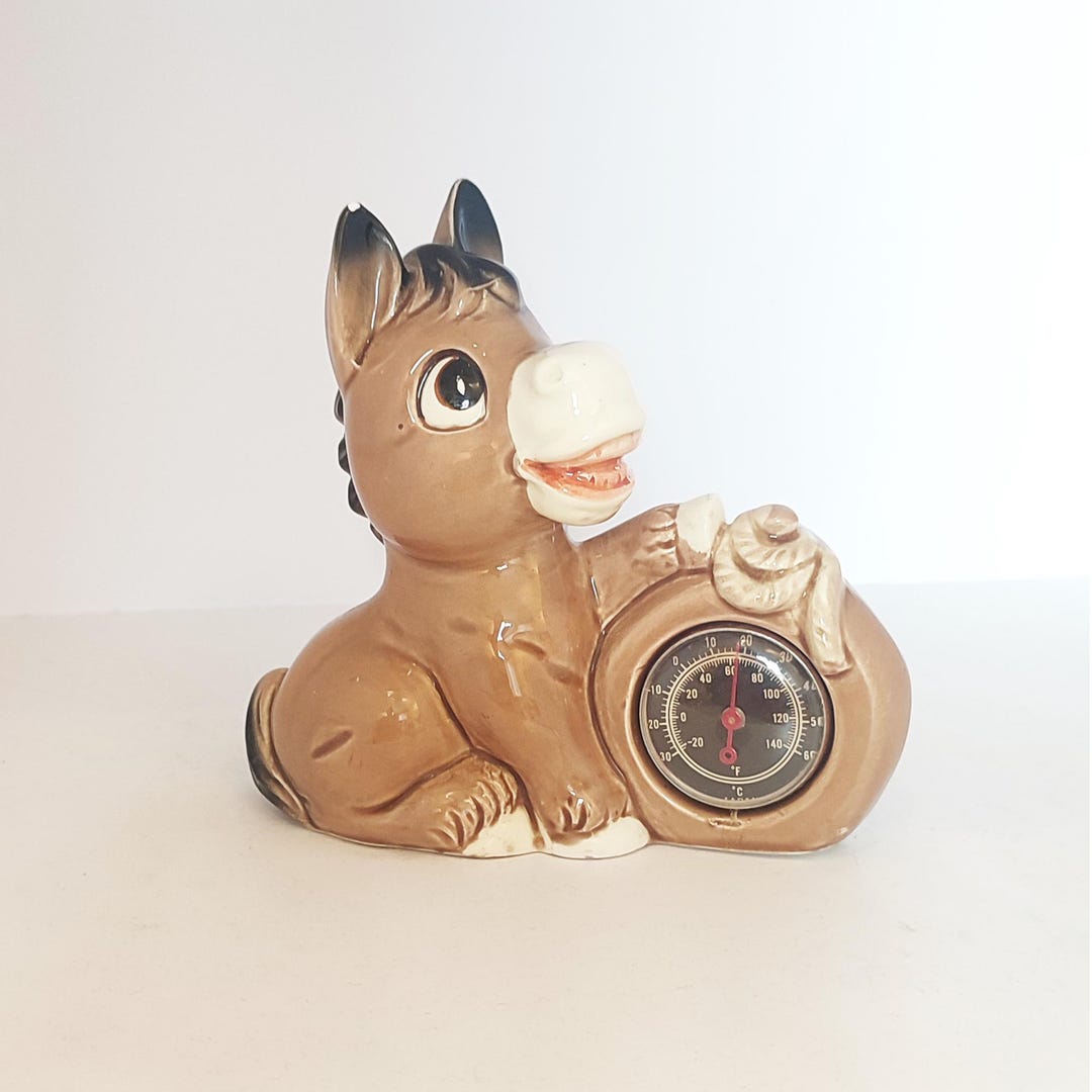 60's Vintage Kitsch Donkey Thermometer Figurine - Cute Brown Glazed ...