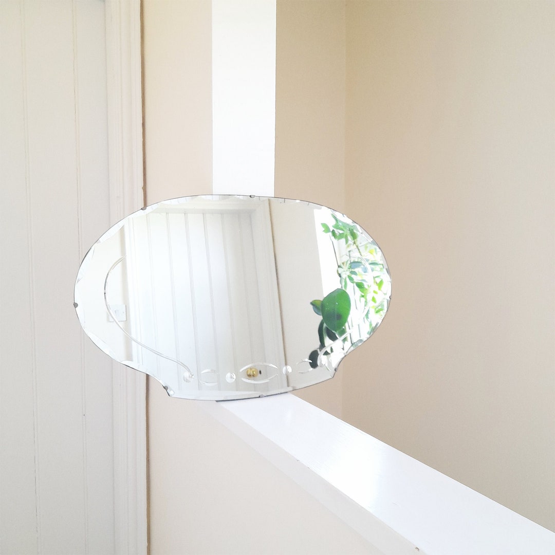 30's Art Deco Etched Bubble Wall Mirror W/ Frameless Bevelled Edge Mid ...