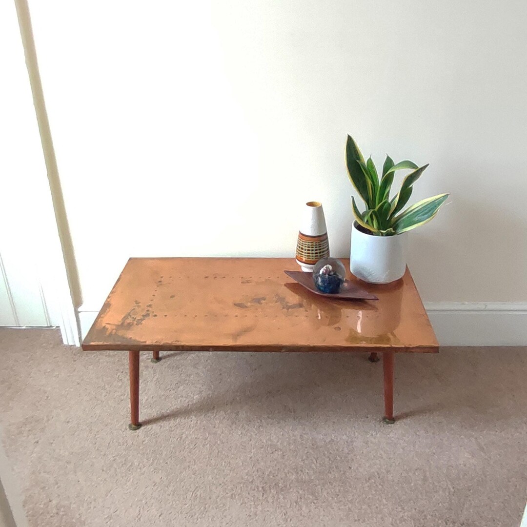 70s Vintage Copper Topped Coffee Table on Turned Supports Petite ...