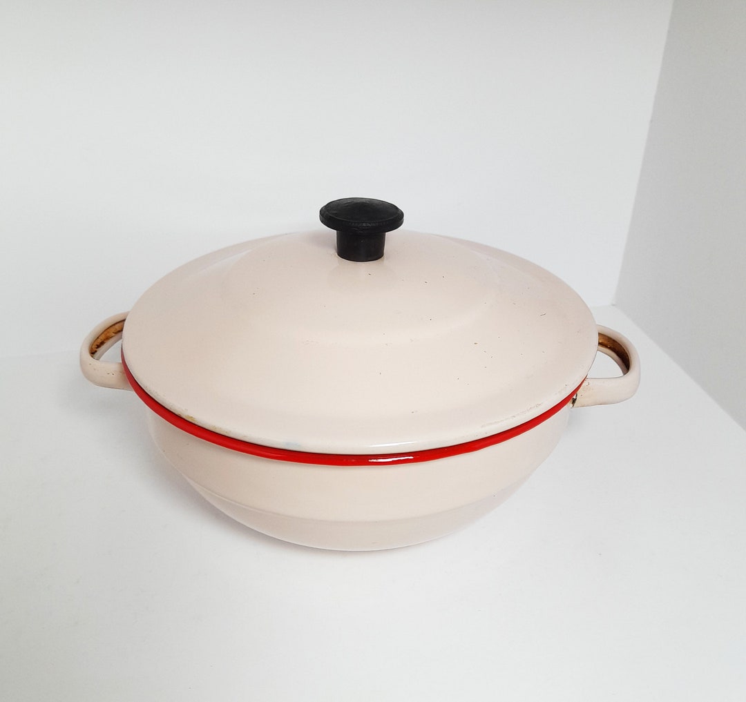 40's Vintage Pink & Red Lidded Enamel Roasting Tin / Stock Pot ...