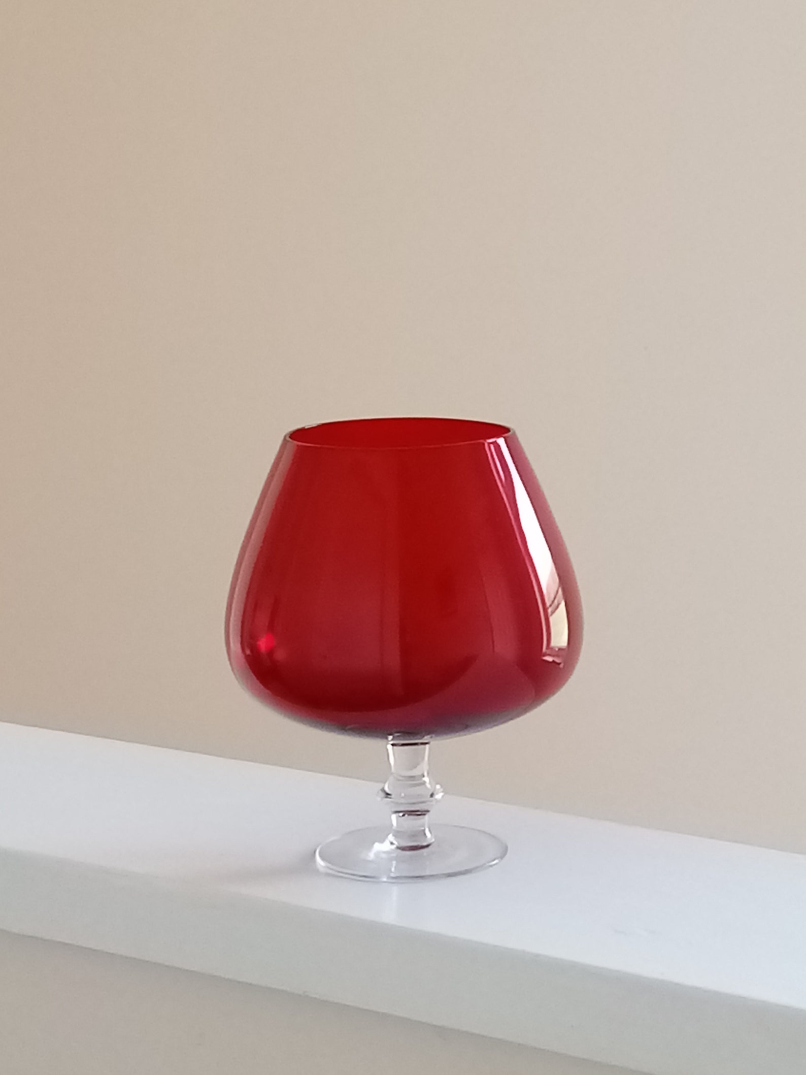 70s Large Vintage Red Brandy Glass W Clear Tapered Stem Etsy
