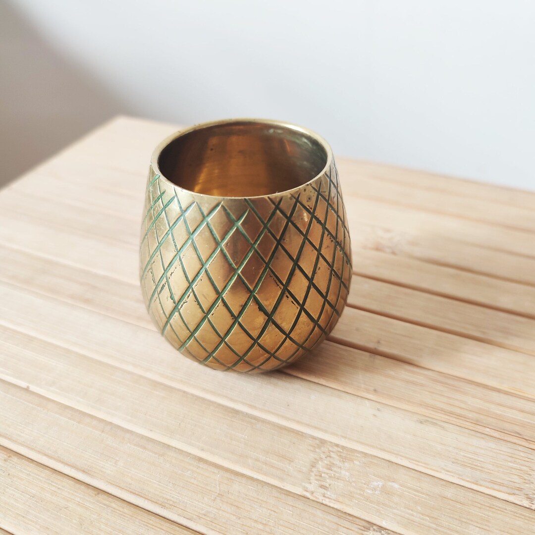 60's Vintage Indian Bijou Brass Pot W/ Cross Hatch Design - Small Boho ...