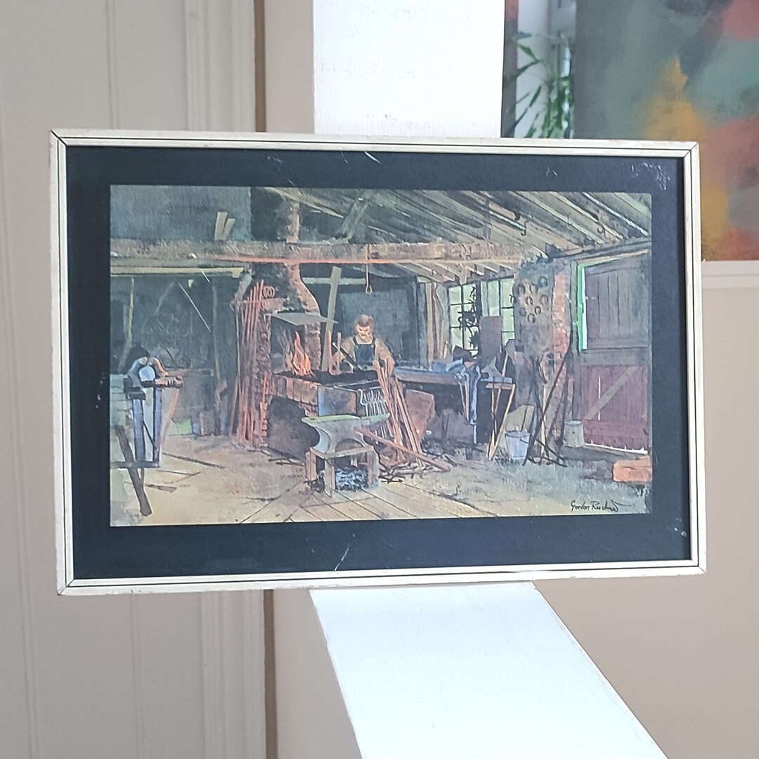 Vintage Signed 'the Forge' Print by Gordon Rushmer, Framed Blacksmith ...
