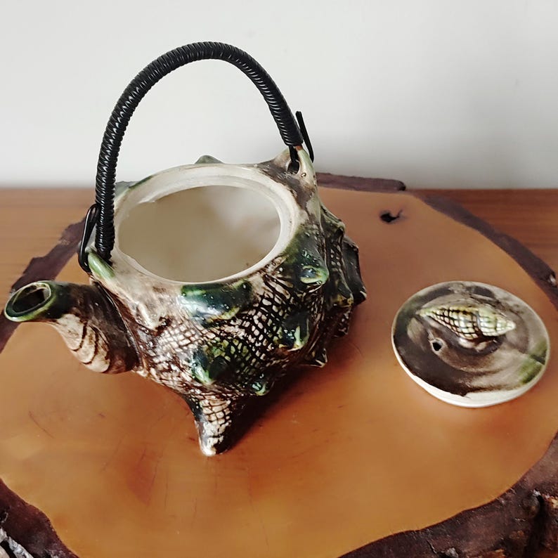 Vintage Bijou Conch Shell Teapot: Majolica Style Seashell, Green Brown ...