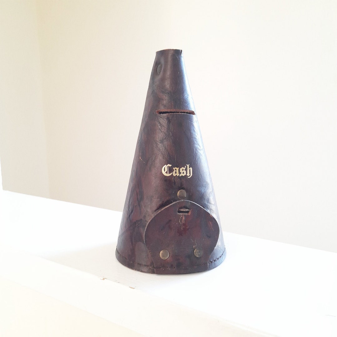 Antique Leather Conical Coin Pouch Cone Shaped Money Box W/ Gold Cash ...