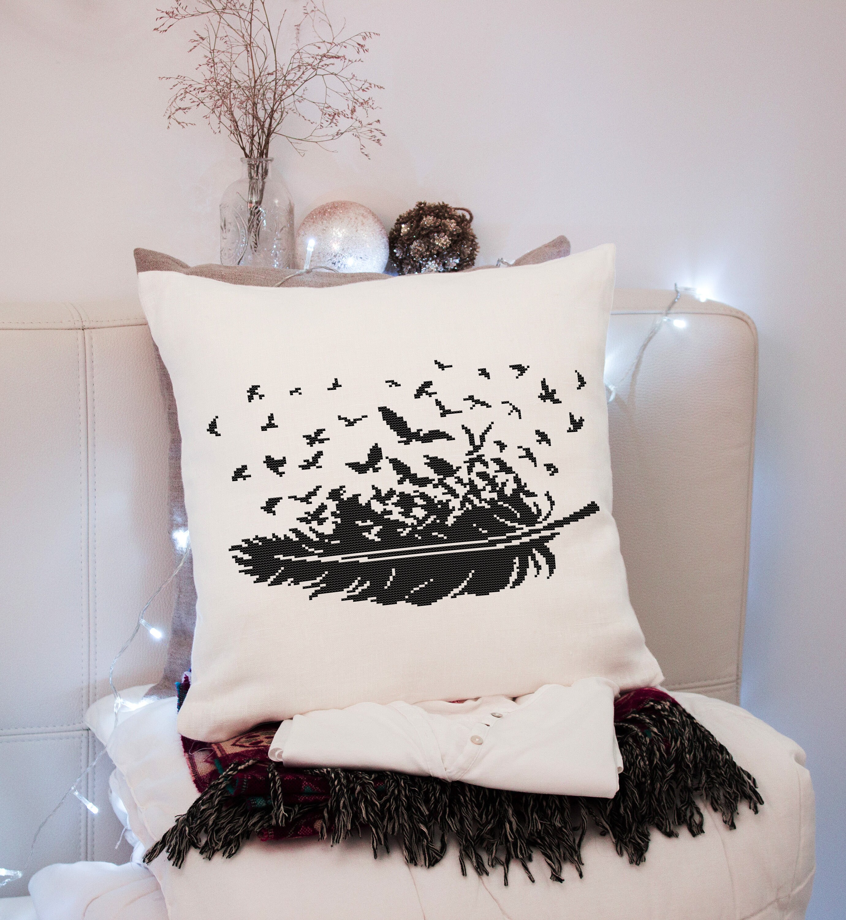 Feather Cross Stitch Pattern Raven Birds Primitive Monochrome - Etsy