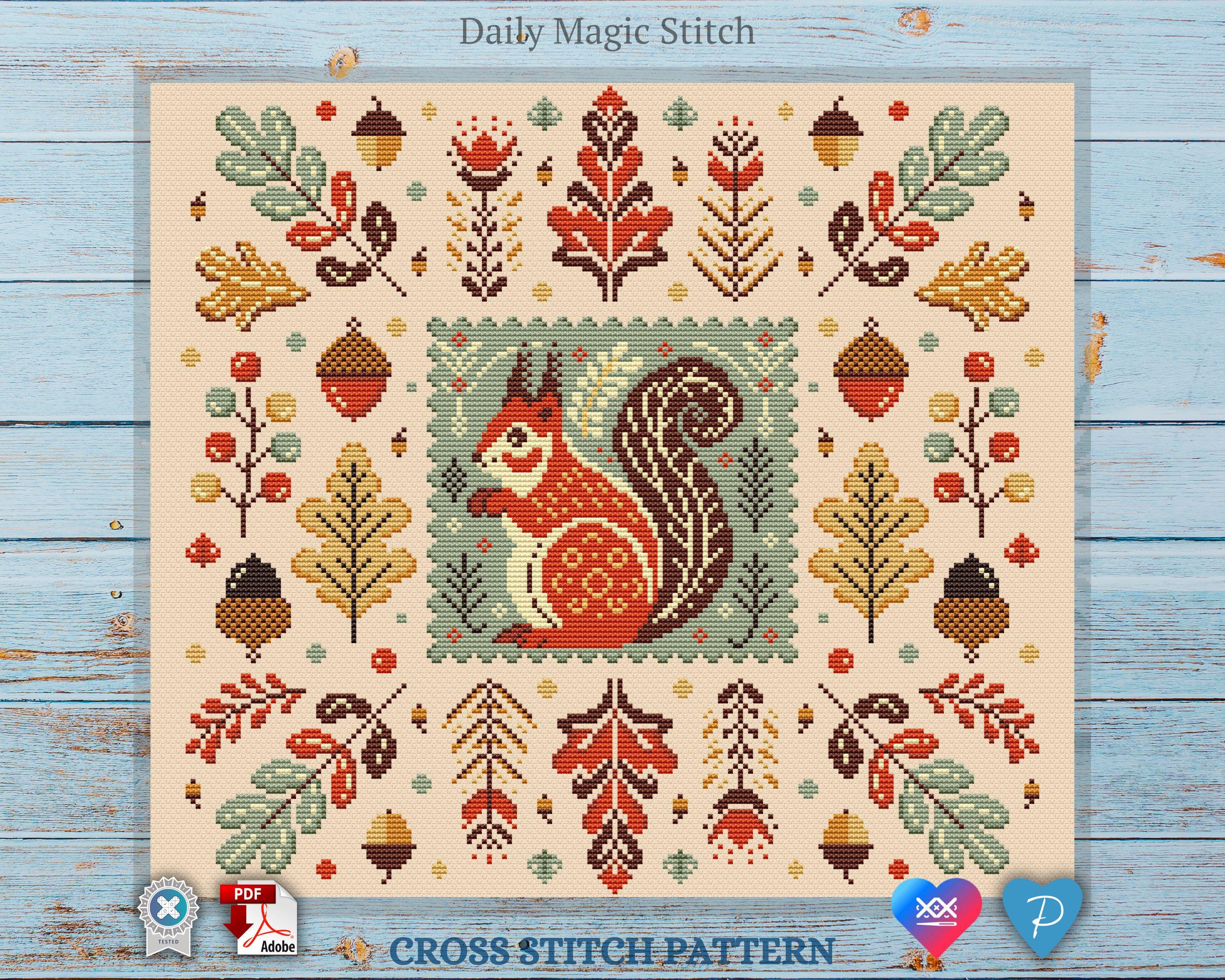 Squirrel Cross Stitch Pattern Autumn Quaker Fall Cross Stitch Sampler ...