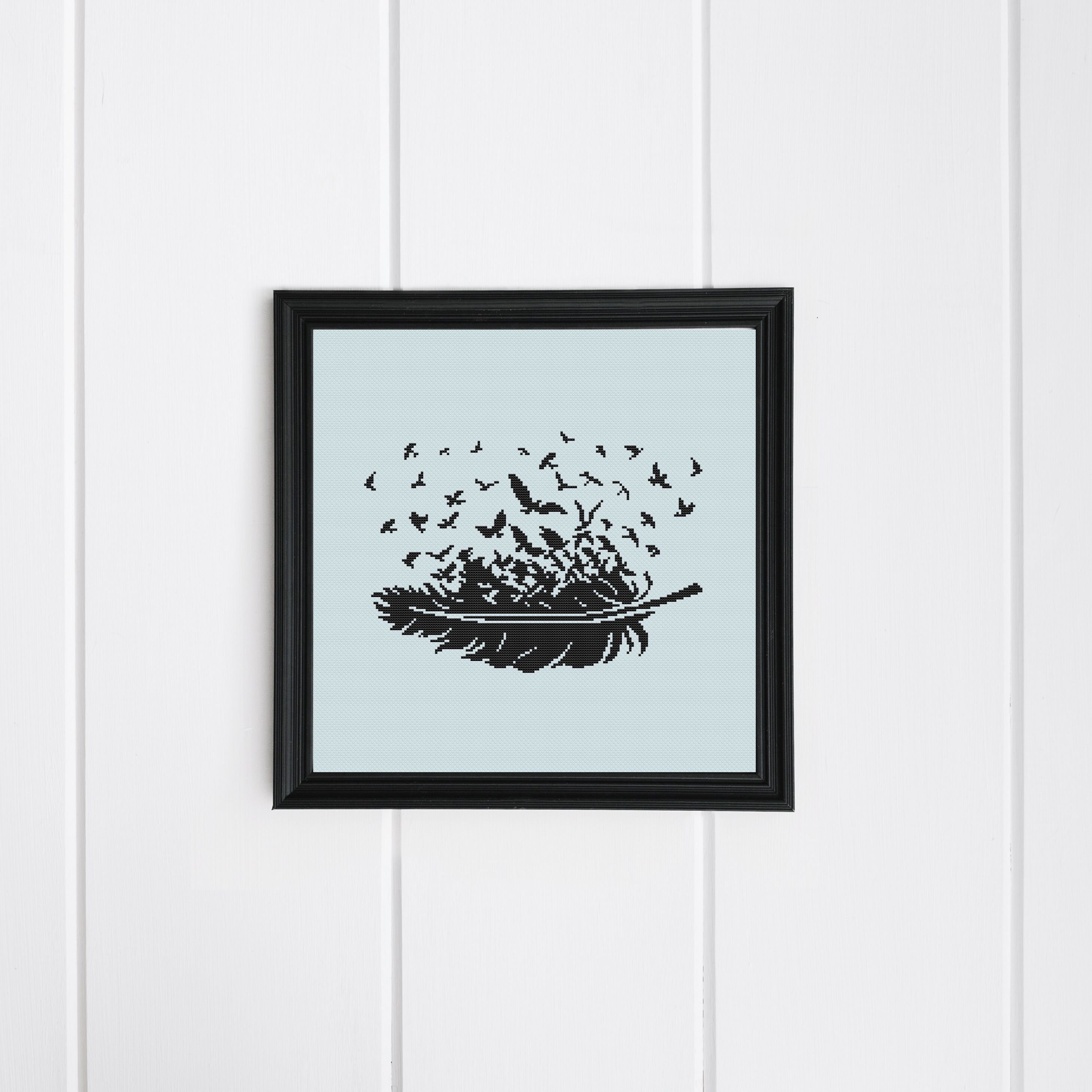 Feather Cross Stitch Pattern Raven Birds Primitive Monochrome - Etsy