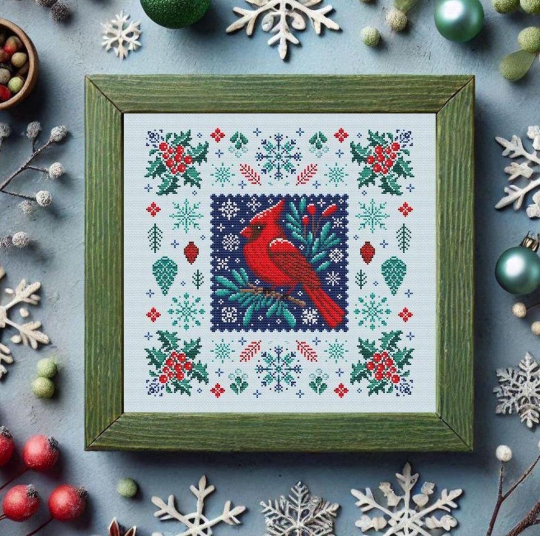 Christmas Cross Stitch Pattern Cardinal Winter Sampler Bird Embroidery ...
