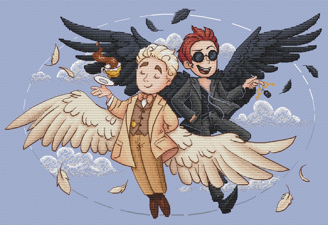 Angel and Demon Cross Stitch Pattern Good Omens Embroidery - Etsy