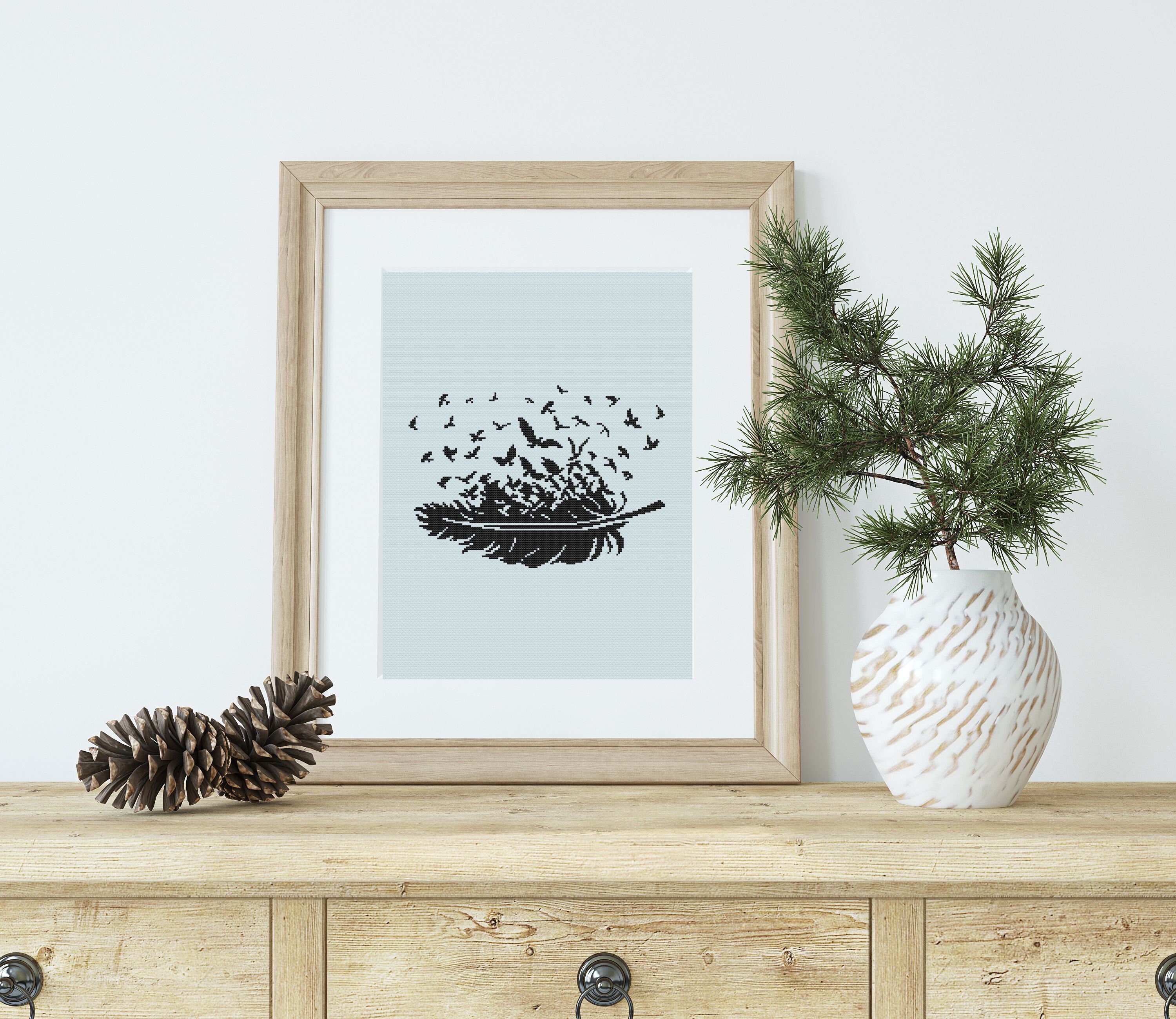 Feather Cross Stitch Pattern Raven Birds Primitive Monochrome - Etsy