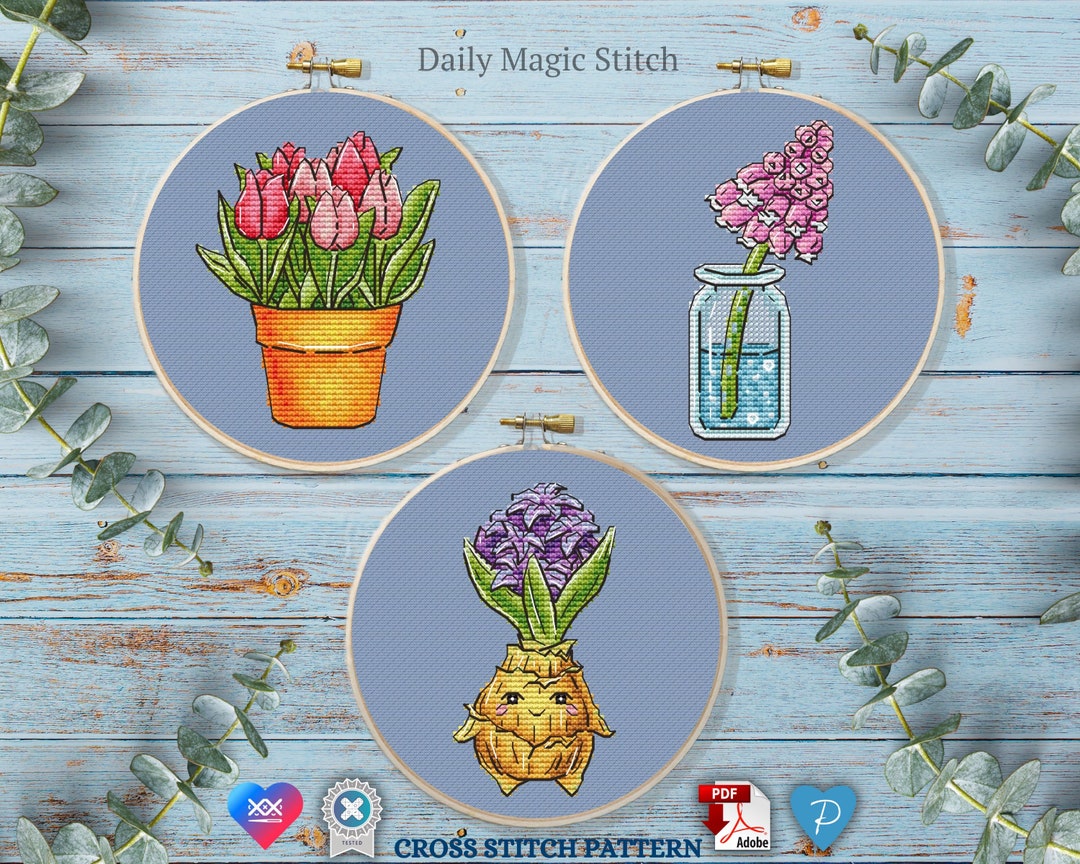 Hello Spring Floral Cross Stitch Pattern Baby Tulips Modern Counted ...