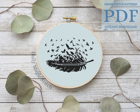 Feather Cross Stitch Pattern Raven Birds Primitive Monochrome - Etsy