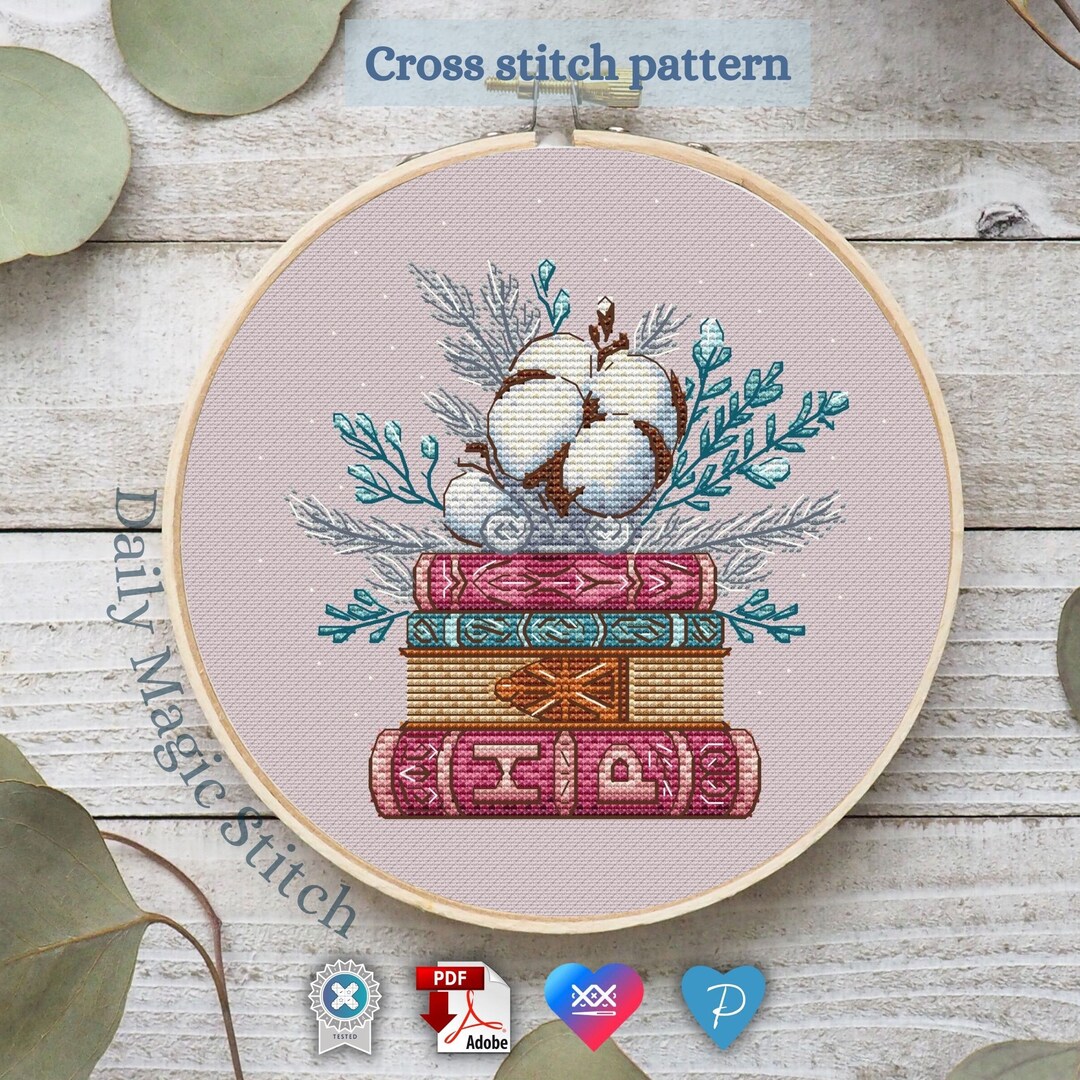 Book Cross Stitch Pattern Cotton Cross Stitch Bookshelf Embroidery ...