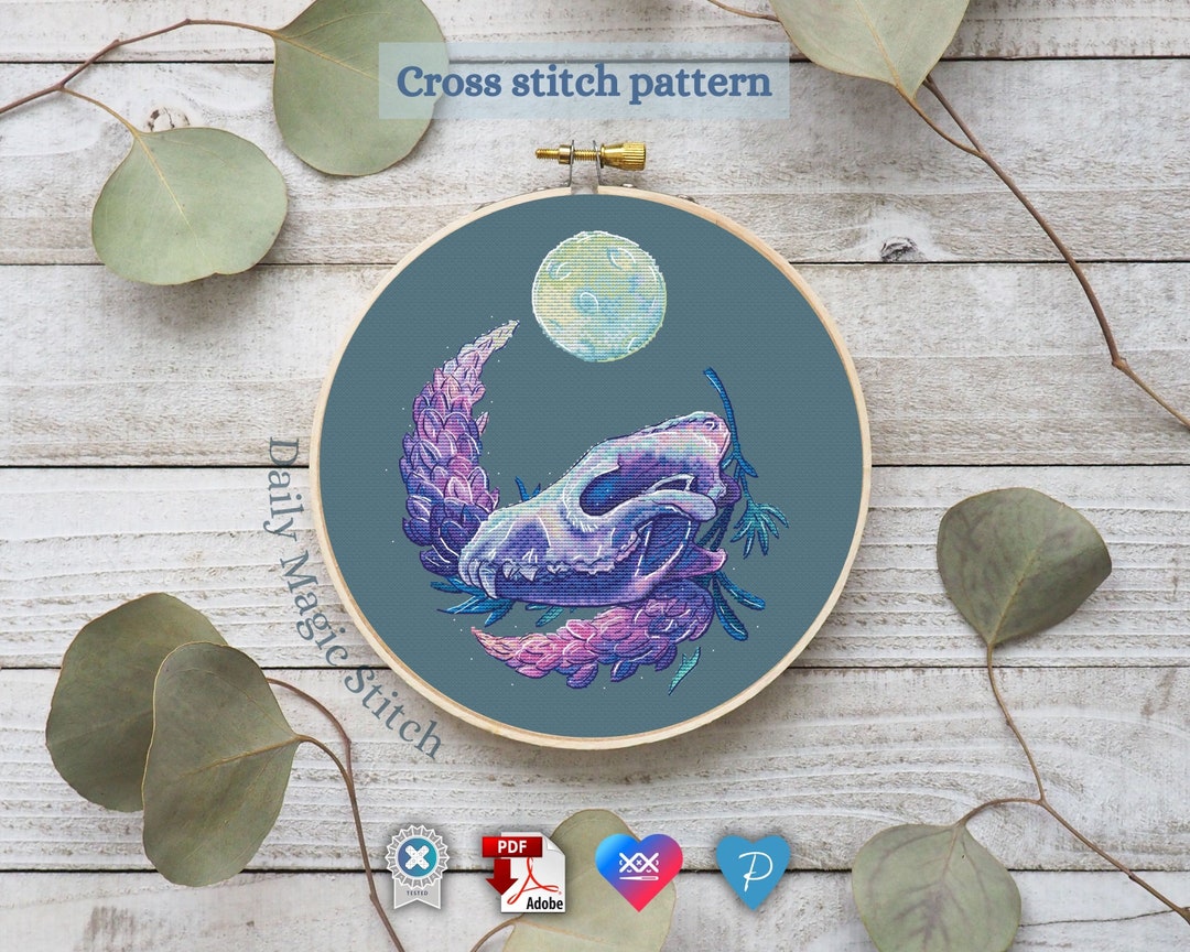 Floral Skull Cross Stitch Pattern Lupine With Moon Embroidery Nerdy ...