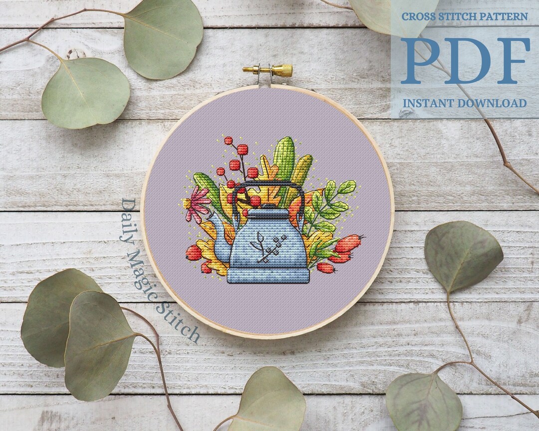 Tea Cross Stitch Pattern Fall Cross Stitch Teapot Kitchen Embroidery ...