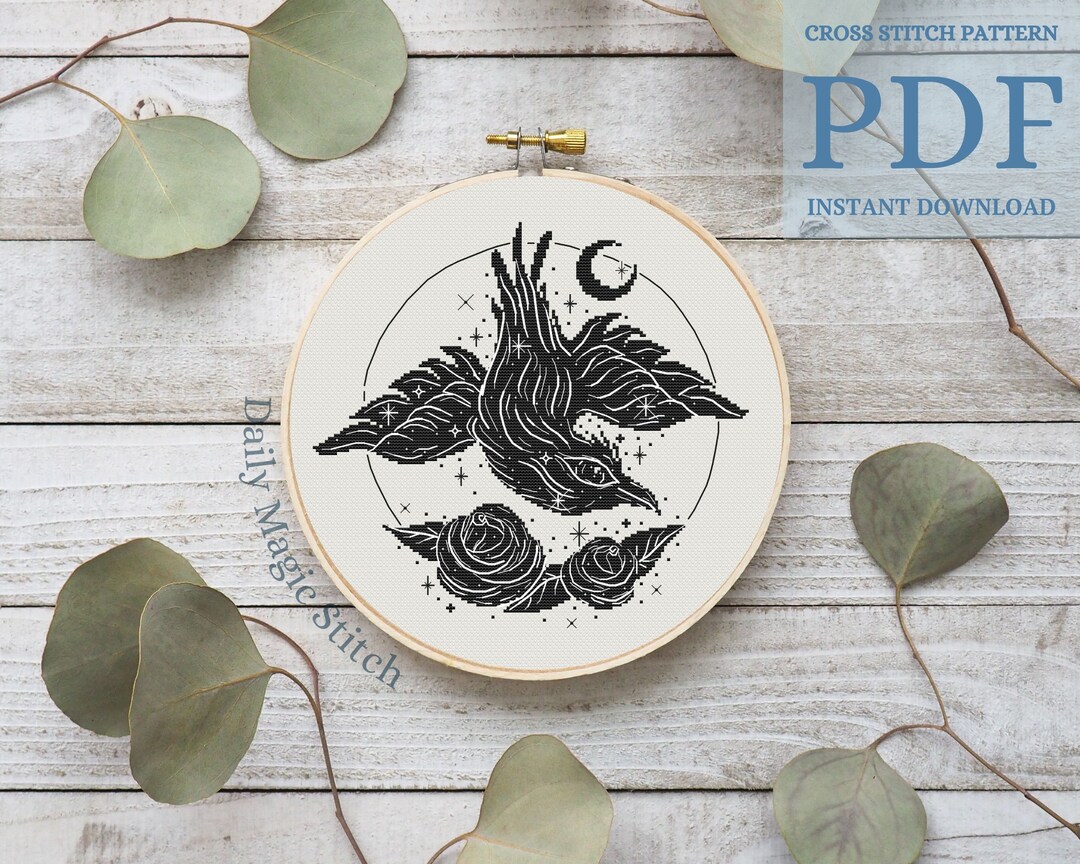 Raven Cross Stitch Pattern, Bird Monochrome Silhouette Witchy Moon Star ...