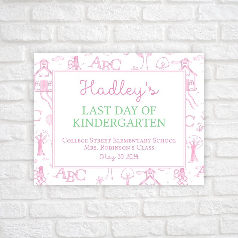 First Day of School Sign Printable Watercolor Pink Toile 1st - Etsy