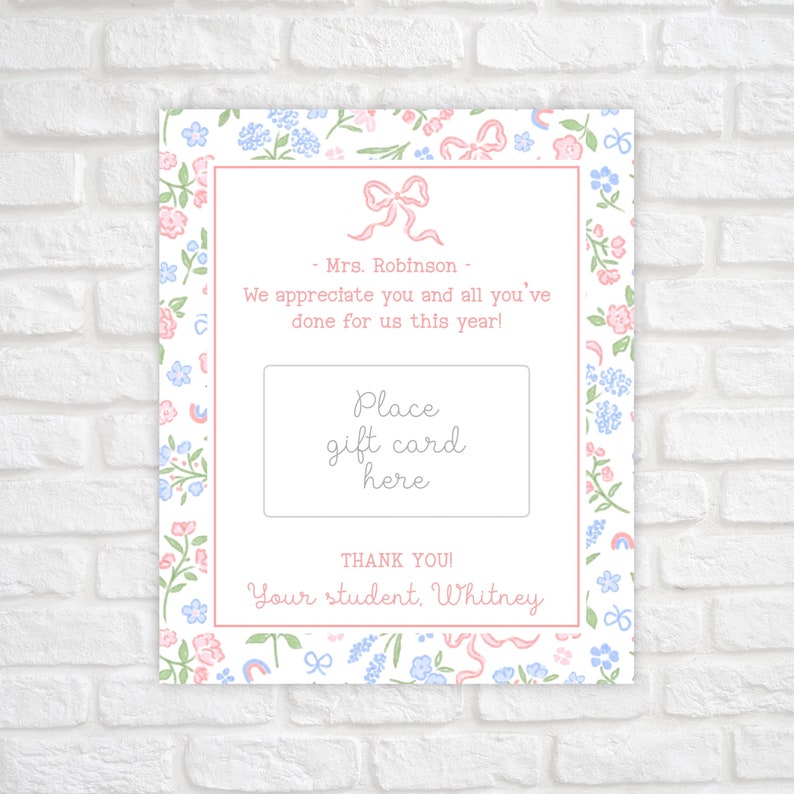 Printable Pink Bow and Floral Teacher Appreciation Gift Card - Etsy