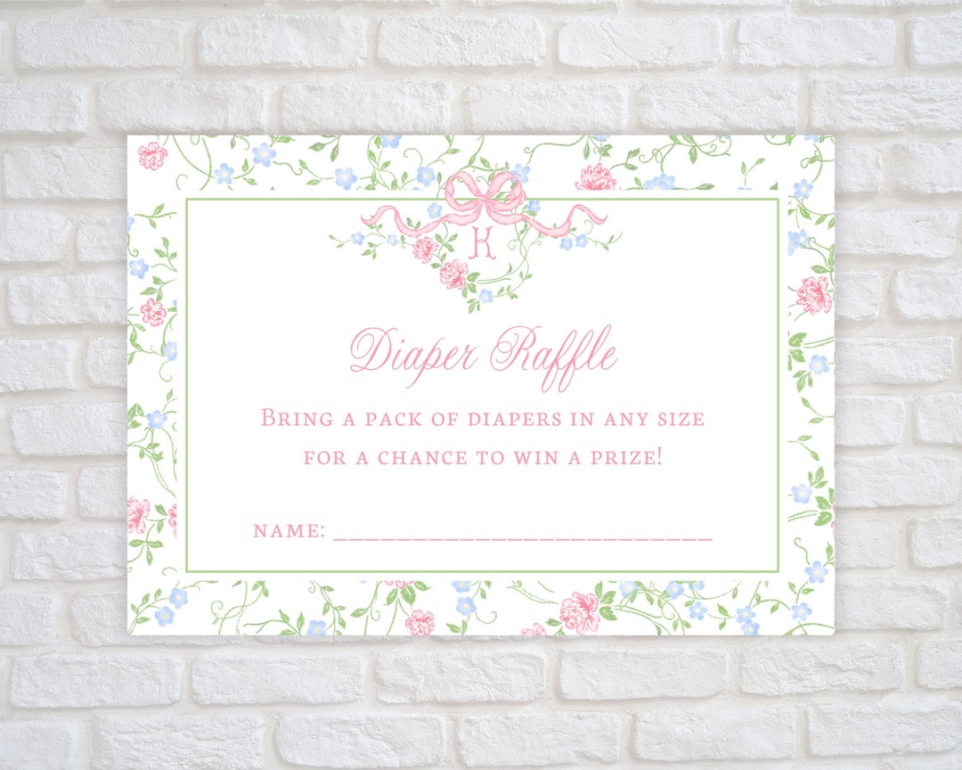Editable Diaper Raffle Card, Floral Vines and Pink Bow Baby Shower Game ...