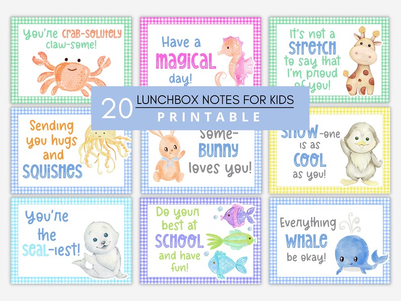Printable Lunchbox Notes for Kids, Animal Theme, 24 Cards (PDF) - Etsy UK